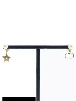 Dior Gold Plated Faux Pearl Logo And Star Tribales Drop Earrings - White