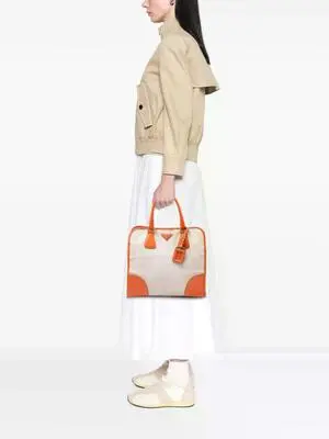 Prada Saffiano Trimmed Canapa Satchel - Orange