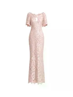 GEMY MAALOUF Embroidered Satin Long Dress - Pink