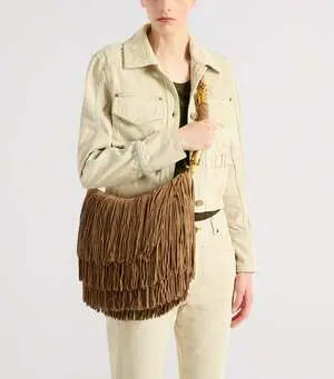 Balmain Suede Fringe Ébène Shoulder Bag - Brown