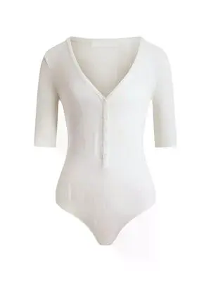 12 STOREEZ Ribbed V-neck Bodysuit With Button Fastening