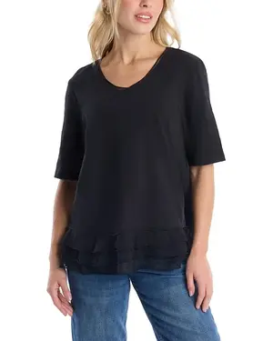 Wilt Elbow Sleeve Mixed Media Ruffle Hem Tee - Black