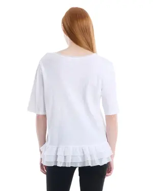Wilt Elbow Sleeve Mixed Media Ruffle Hem Tee - White