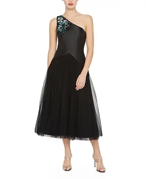 KAY UNGER Embellished One-shoulder Tea Length Dress