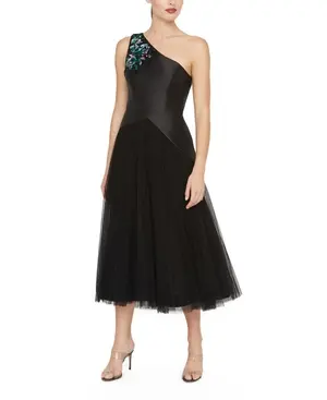 KAY UNGER Embellished One-shoulder Tea Length Dress