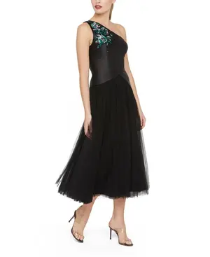 KAY UNGER Embellished One-shoulder Tea Length Dress