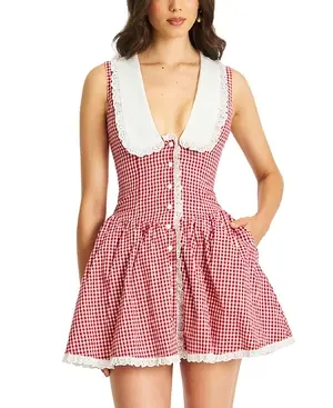 MISS CIRCLE NEW YORK Nala Gingham Eyelet Lace Trim Mini Dress - Red