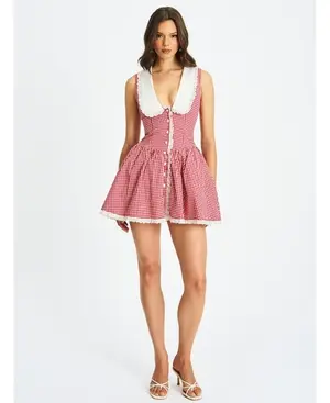 MISS CIRCLE NEW YORK Nala Gingham Eyelet Lace Trim Mini Dress