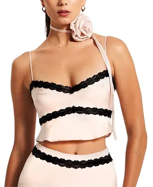 MISS CIRCLE NEW YORK Lace Trim Strappy Top - Beige
