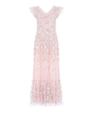NEEDLE & THREAD Ethereal Blooms Short Sleeve Ankle Gown - Seashell/multi