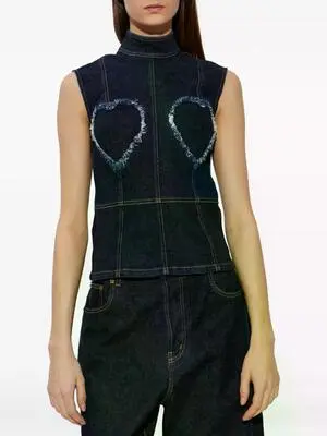 Moschino Sleeveless High Neck Denim Top With Heart Appliqu - Blue