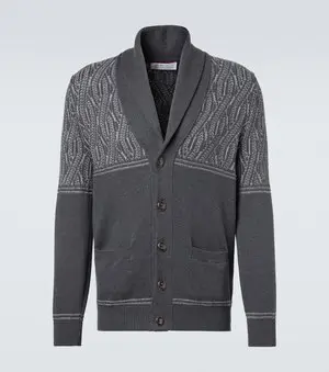 Brunello Cucinelli Jacquard Cotton Shawl Neck Cardigan - Grey