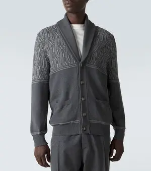 Brunello Cucinelli Jacquard Cotton Shawl Neck Cardigan - Grey