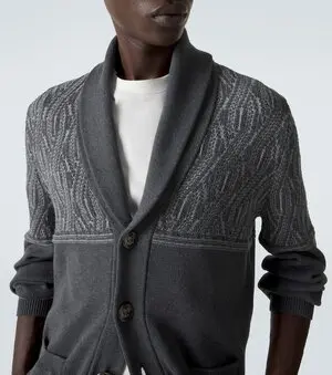 Brunello Cucinelli Jacquard Cotton Shawl Neck Cardigan - Grey