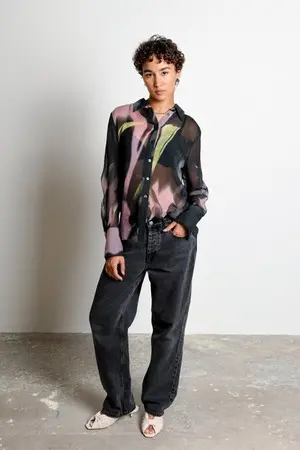 UNTITLED IN MOTION Kali Sheer Organza Long Sleeve Button-down - Shadow Iris
