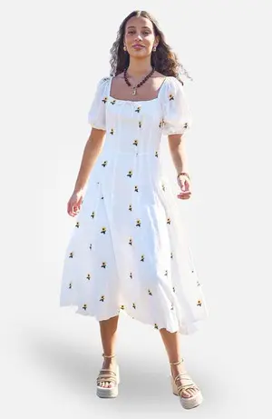 YUMI Cotton Sunflower Embroidered Midi Dress