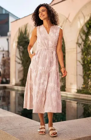 YUMI Striped Cotton Midi Dress With Floral Embroidery