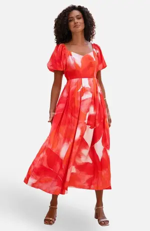 YUMI Floral Puff Sleeve Midi Dress