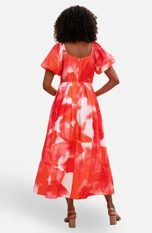 YUMI Floral Puff Sleeve Midi Dress