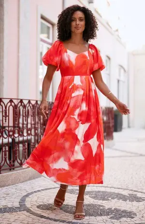 YUMI Floral Puff Sleeve Midi Dress
