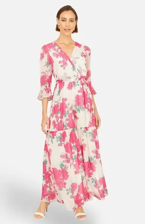 YUMI Blossom Print Maxi Wrap Dress - Pink