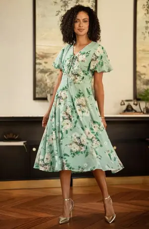 YUMI Floral Front Tie Detail Tea Dress - Mint Green