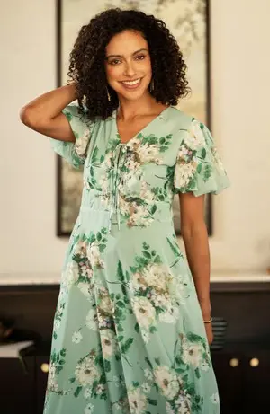 YUMI Floral Front Tie Detail Tea Dress - Mint Green