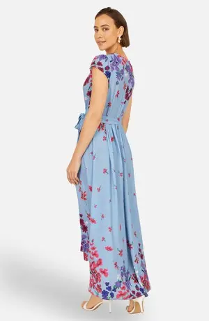 YUMI Floral Mirror Dip Hem Wrap Midi Dress