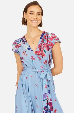 YUMI Floral Mirror Dip Hem Wrap Midi Dress