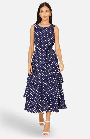 YUMI Spot Tiered Midi Dress - Navy