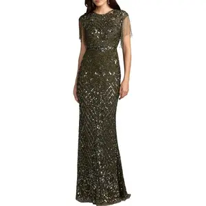 Mac Duggal Beaded Fringe High-neck Fitted Evening Gown - Olive