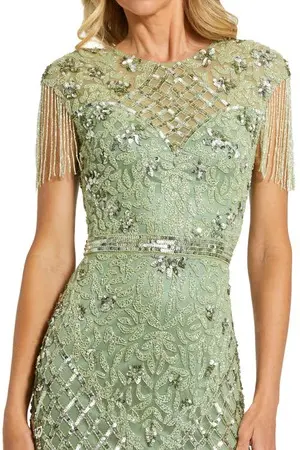 Mac Duggal Beaded Fringe High-neck Fitted Evening Gown