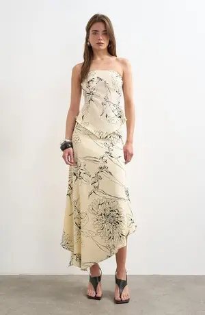 Topshop Floral Satin Asymmetric Hem Midi Skirt