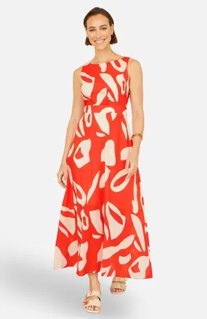 YUMI Cotton Abstract Print Maxi Dress - Orange
