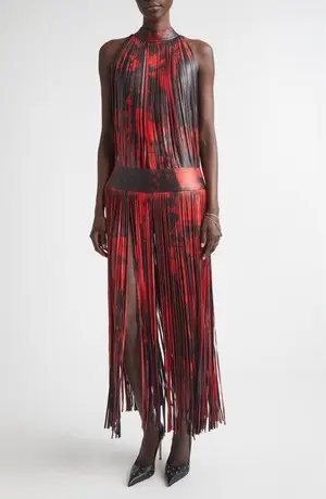 Alexander McQueen Floral Fringe Leather Maxi Dress - Black/red
