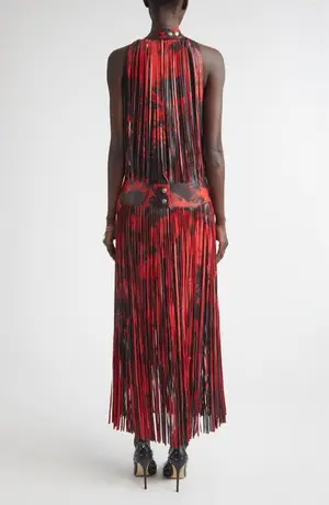 Alexander McQueen Floral Fringe Leather Maxi Dress - Black/red