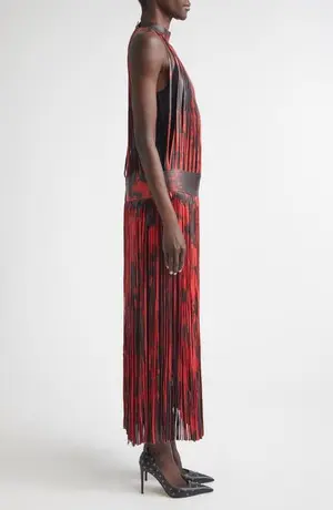 Alexander McQueen Floral Fringe Leather Maxi Dress - Black/red