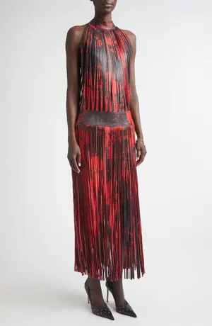 Alexander McQueen Floral Fringe Leather Maxi Dress - Black/red