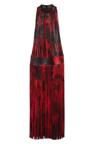 Alexander McQueen Floral Fringe Leather Maxi Dress - Black/red
