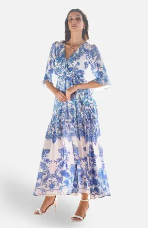 YUMI 3/4 Sleeve Paisley Wrap Midi Dress