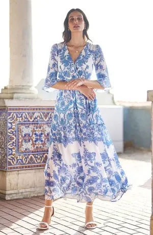 YUMI 3/4 Sleeve Paisley Wrap Midi Dress