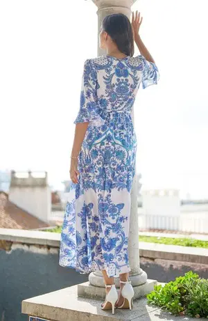 YUMI 3/4 Sleeve Paisley Wrap Midi Dress