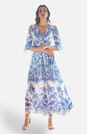 YUMI 3/4 Sleeve Paisley Wrap Midi Dress - Blue