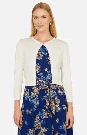 YUMI Diamante Button Cropped Cardigan - Ivory