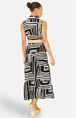 YUMI Geo Print Sleeveless Midi Shirt Dress - Black
