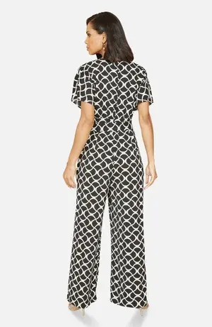 YUMI Geometric Print Wrap Jumpsuit - Black
