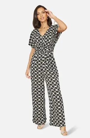 YUMI Geometric Print Wrap Jumpsuit - Black