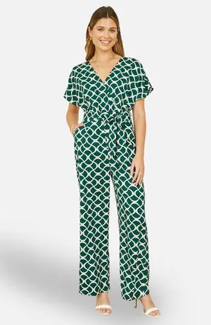 YUMI Geometric Print Wrap Jumpsuit - Green