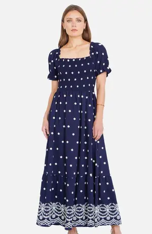 YUMI Border Hemline Smocked Maxi Dress - Navy