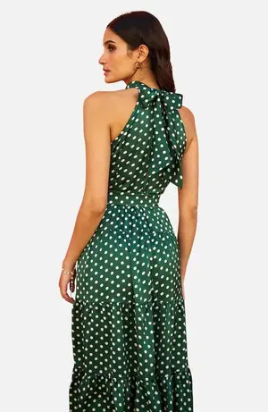 YUMI Spot Print Halter Midi Dress